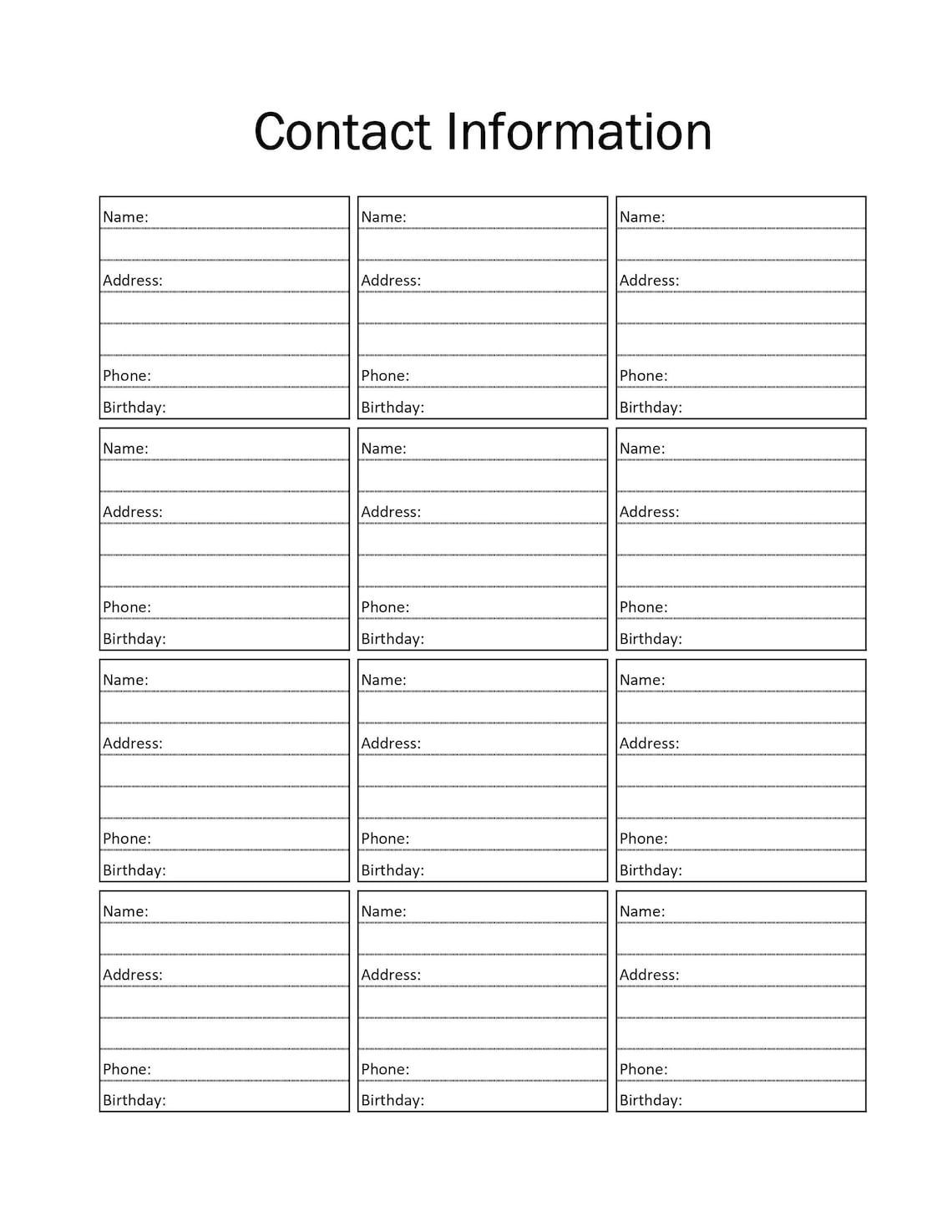 Contact Printable Contact Information Sheet Instant | Etsy