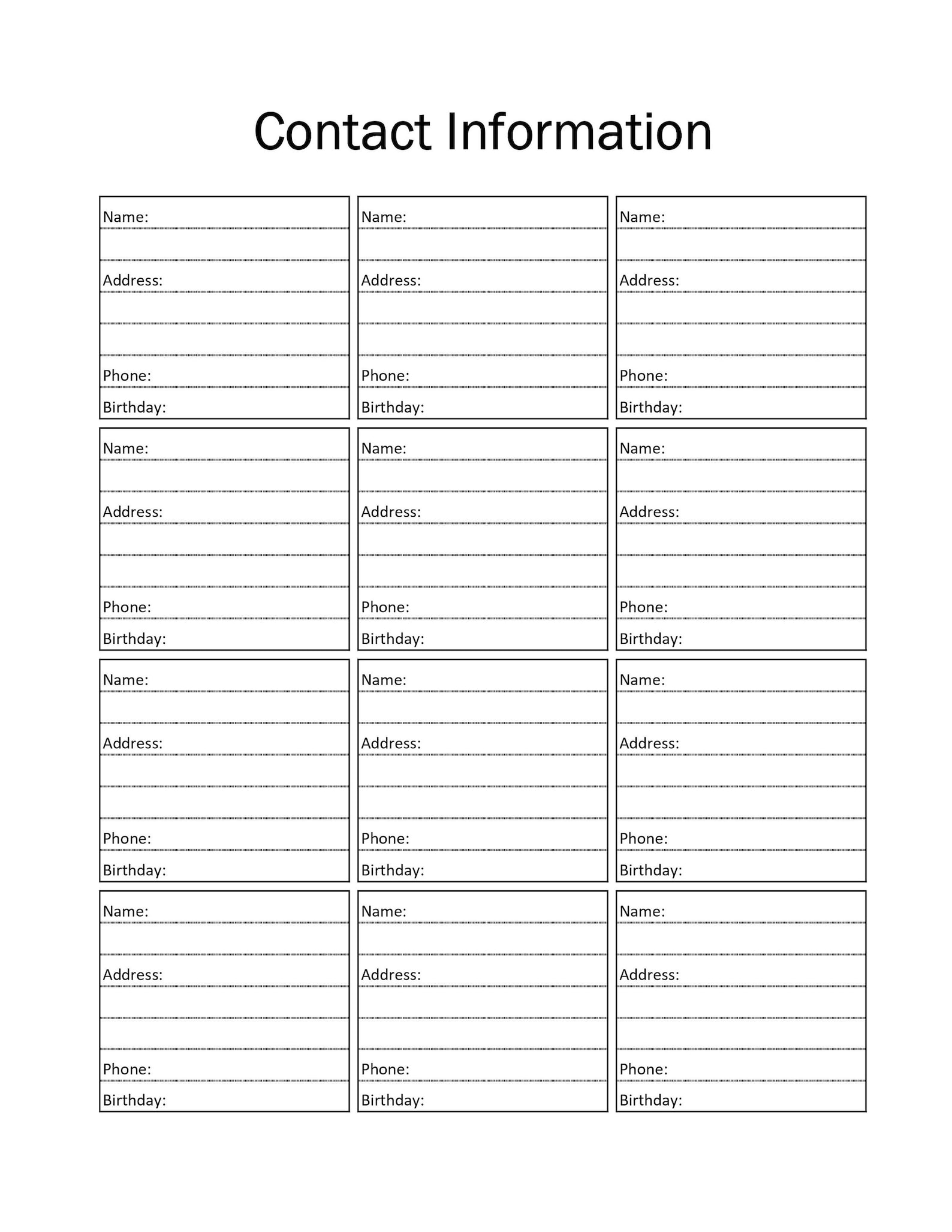 Contact Printable Contact Information Sheet Instant - Etsy