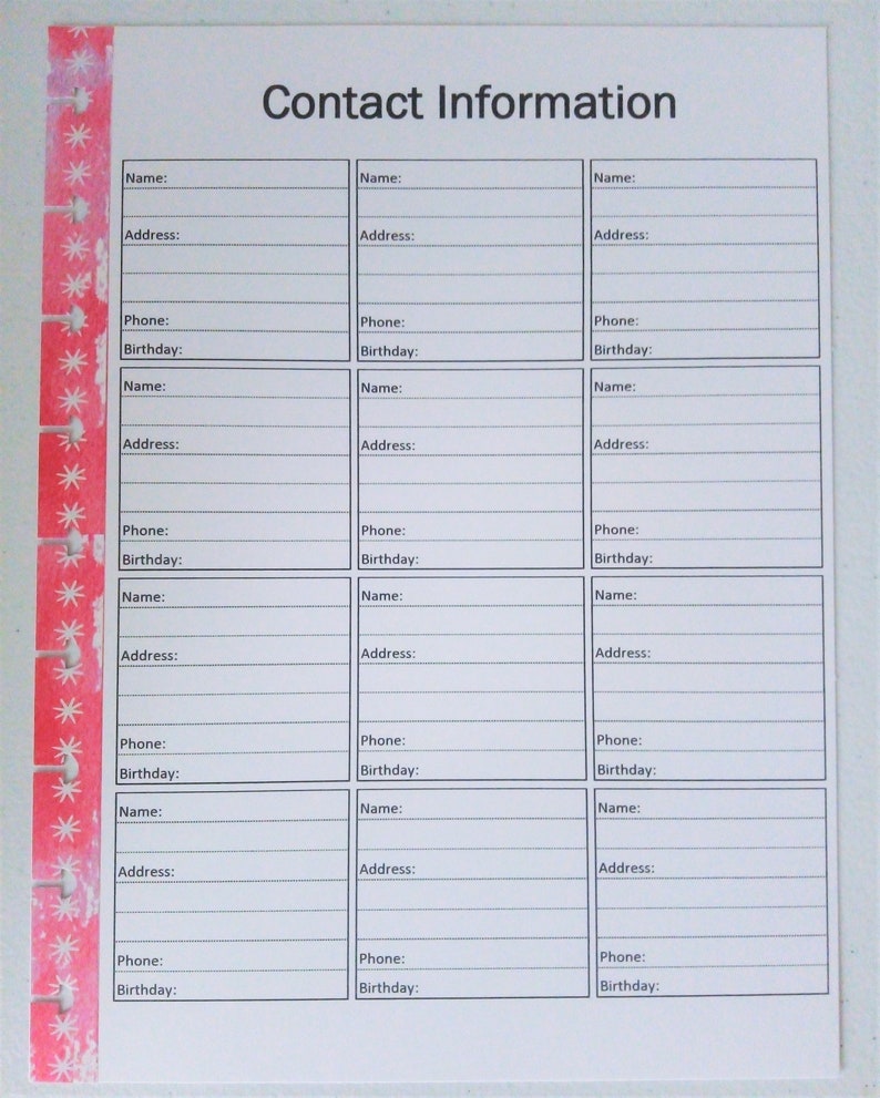 Contact Info Sheet Contact Tracker Planner Accessory Daily - Etsy