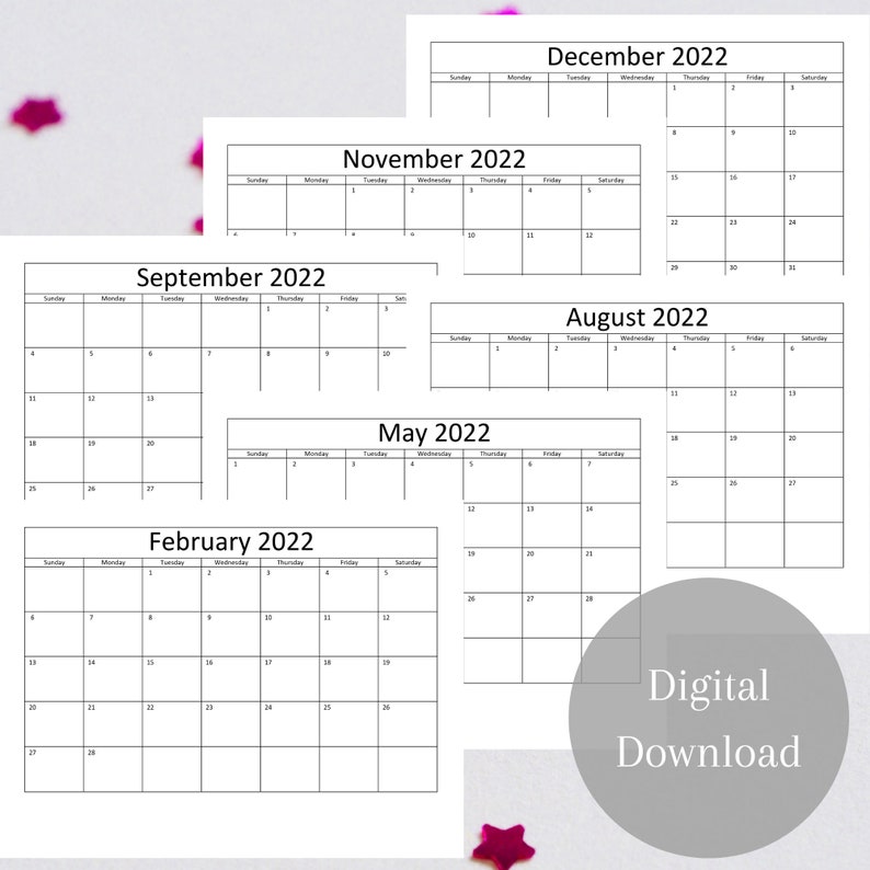 2022 Printable Calendar Monthly Calendar Sheets Instant - Etsy