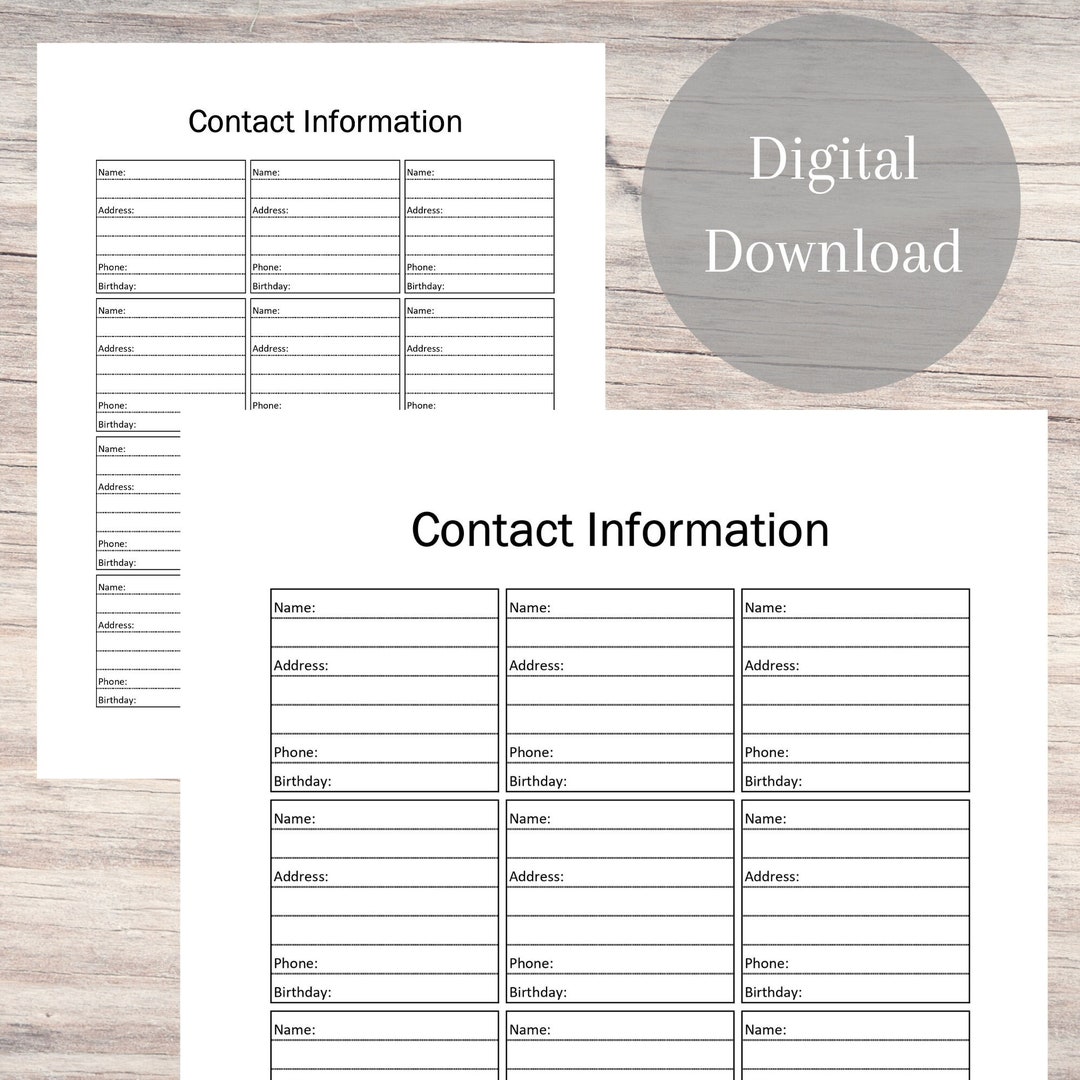 Contact Printable, Contact Information Sheet, Instant Download ...