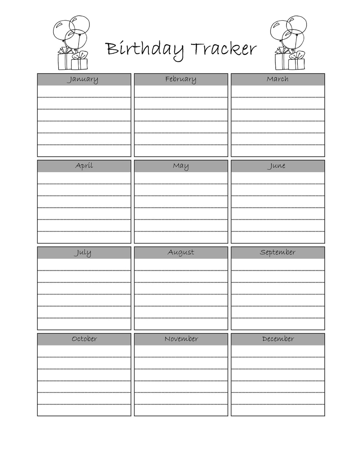 Birthday Tracker Printable Birthday Sheet Instant Download | Etsy