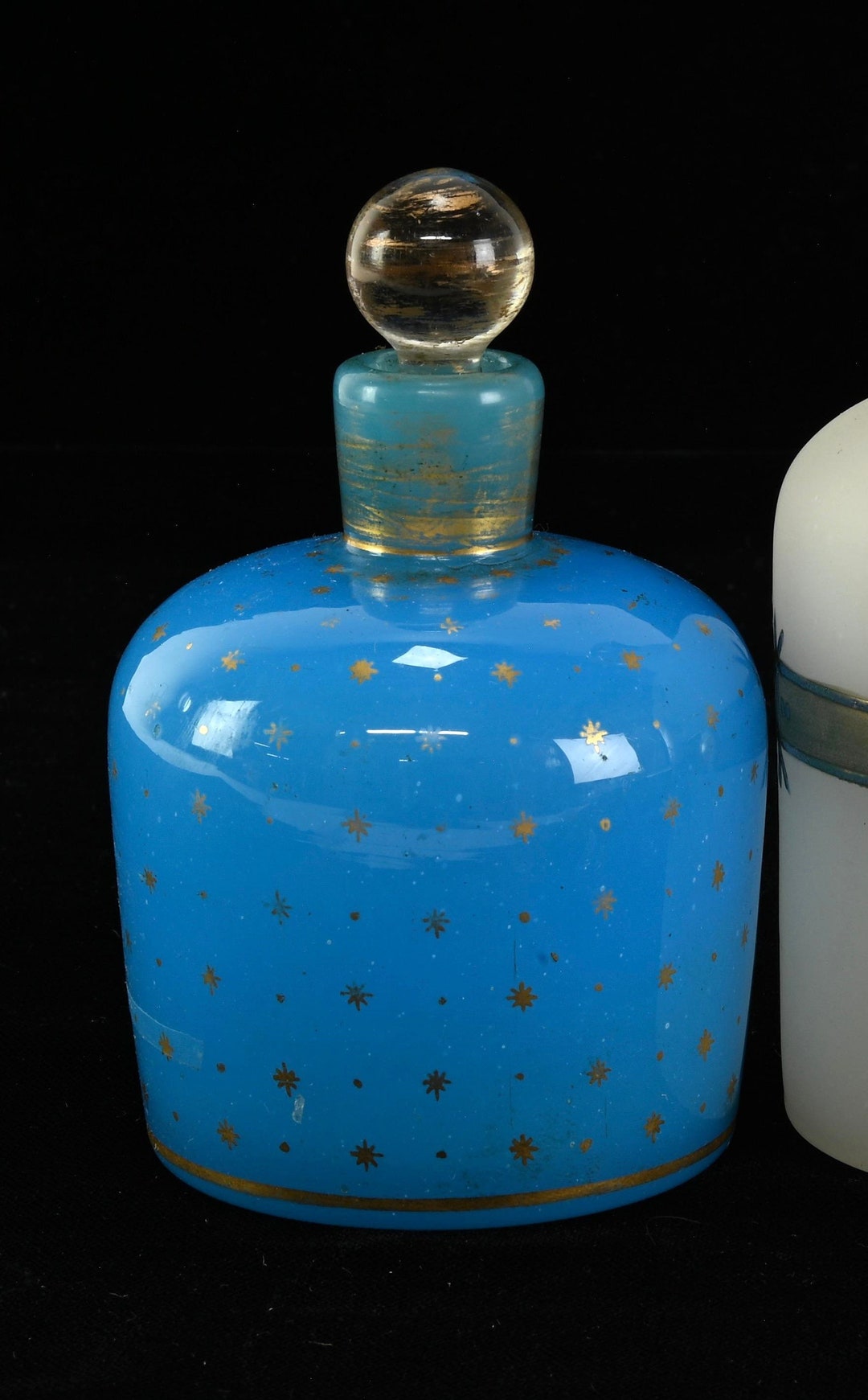 Original Bristol Glass Perfume Bottle Hand Decorated Blue Opague Glass ...
