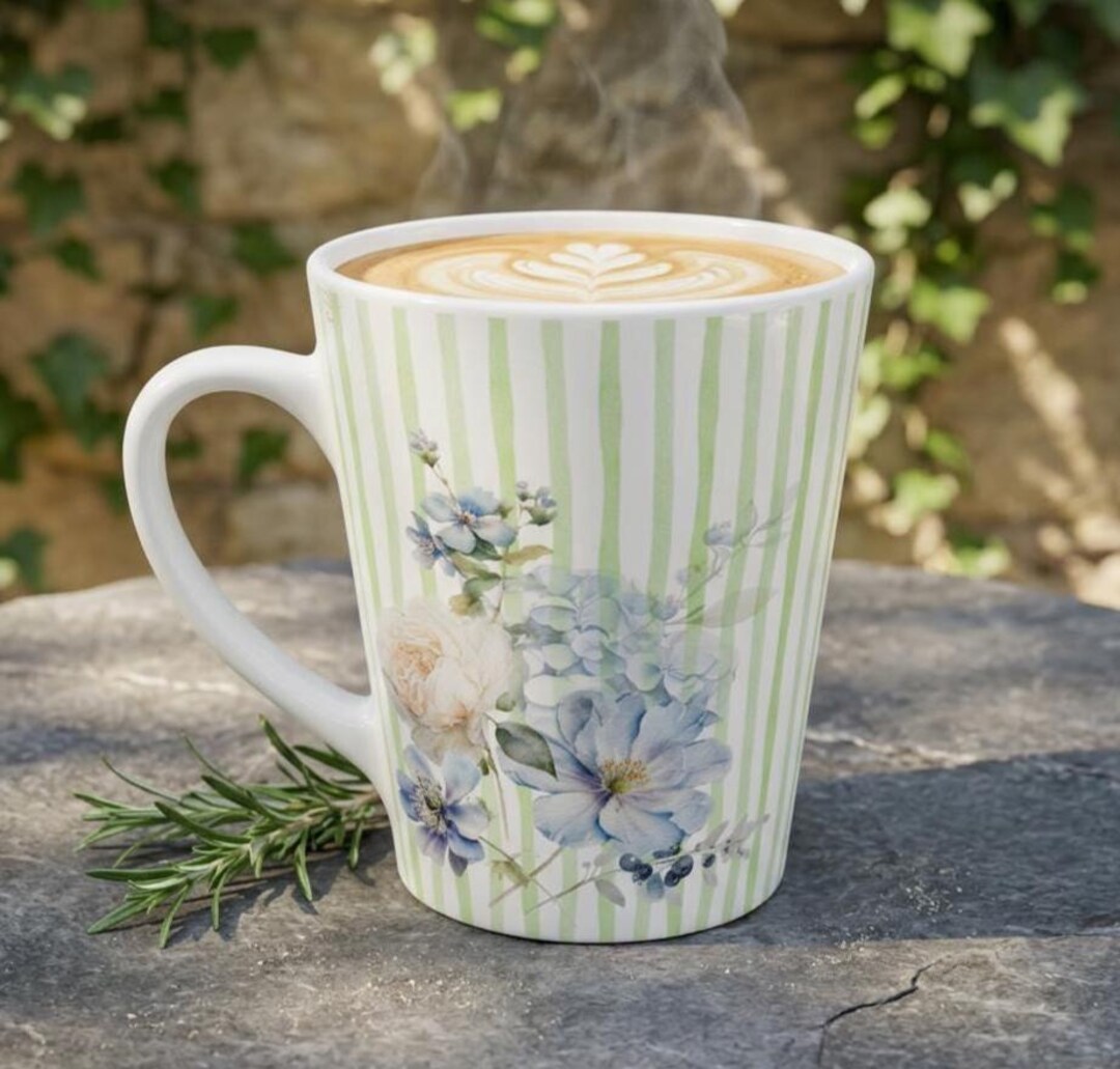 Watercolor Stripes Floral Latte Mug | Coffee Tea Cup | Hand-painted ...