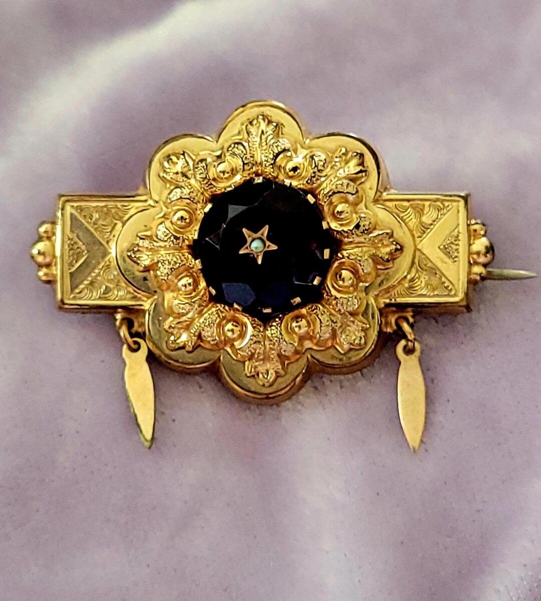 Antique Victorian Pinchbeck Brooch, Amethyst Gemstone, Seed Pearl, Star ...