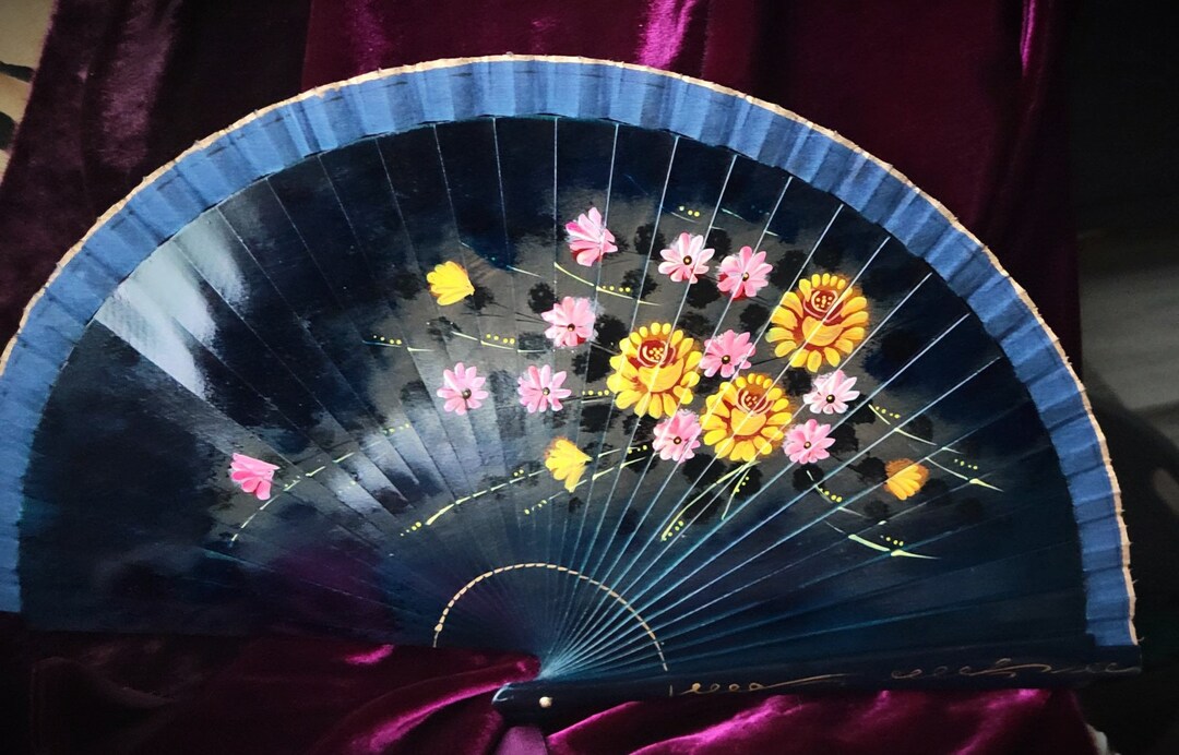 Vintage Hand Painted Hand FAN black Painted Bamboo With Linen Edge - Etsy