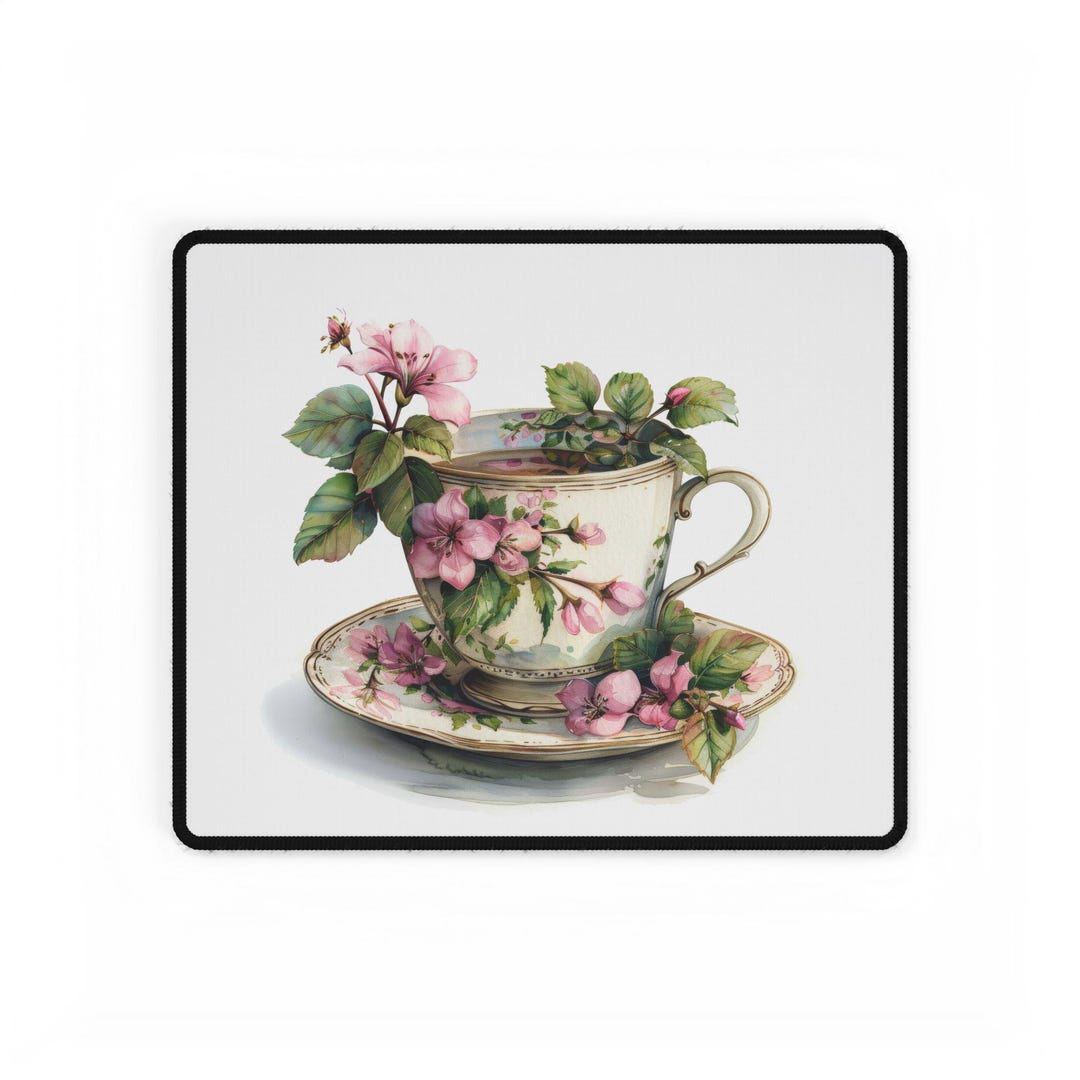 Botanical Teacup Desk Mat, Elegant Office Decor, Tea Cup Mat, Desk ...