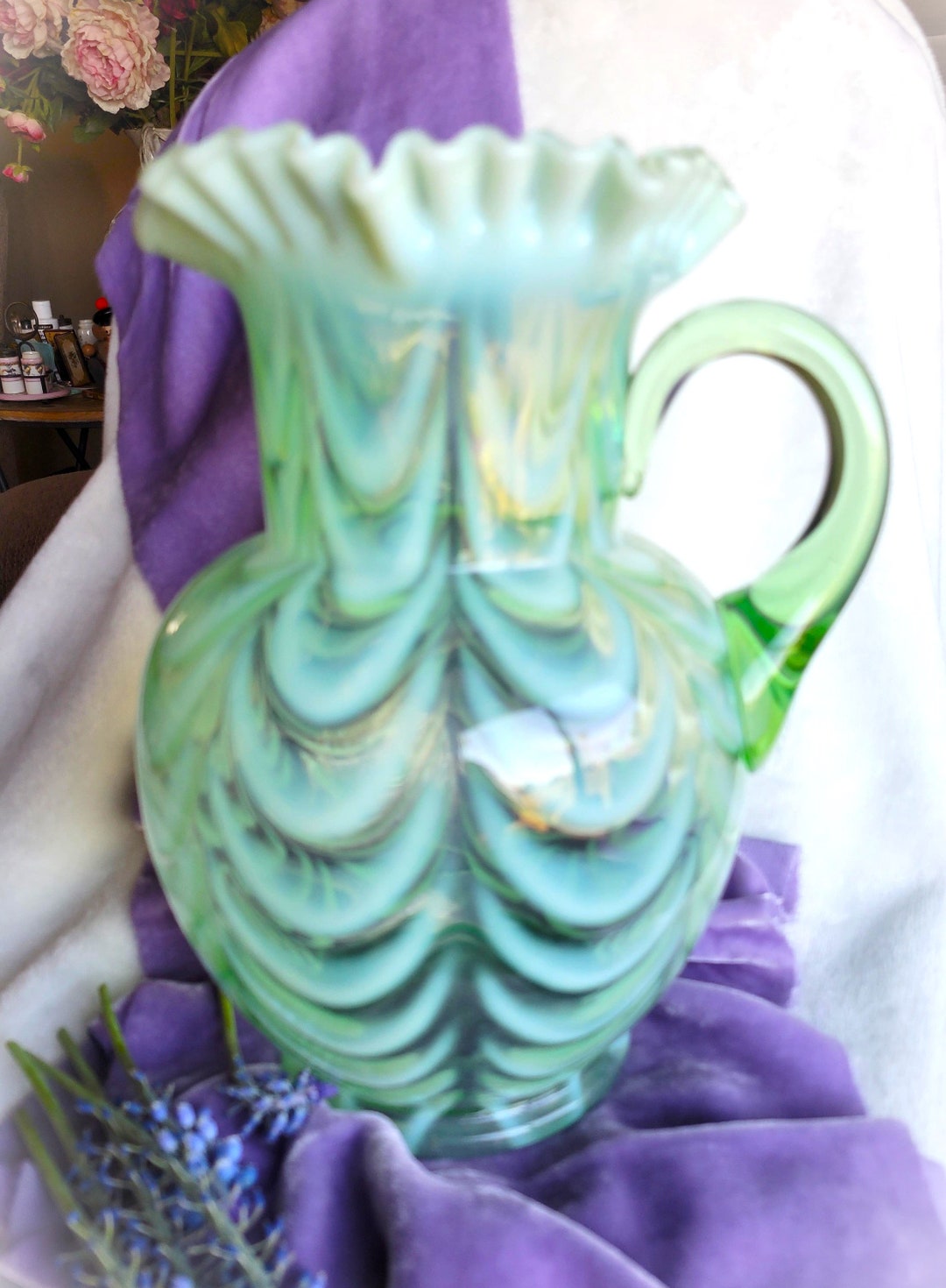 FENTON Water Pitcher Vintage Collectible GIFT Drapery Pattern Green ...