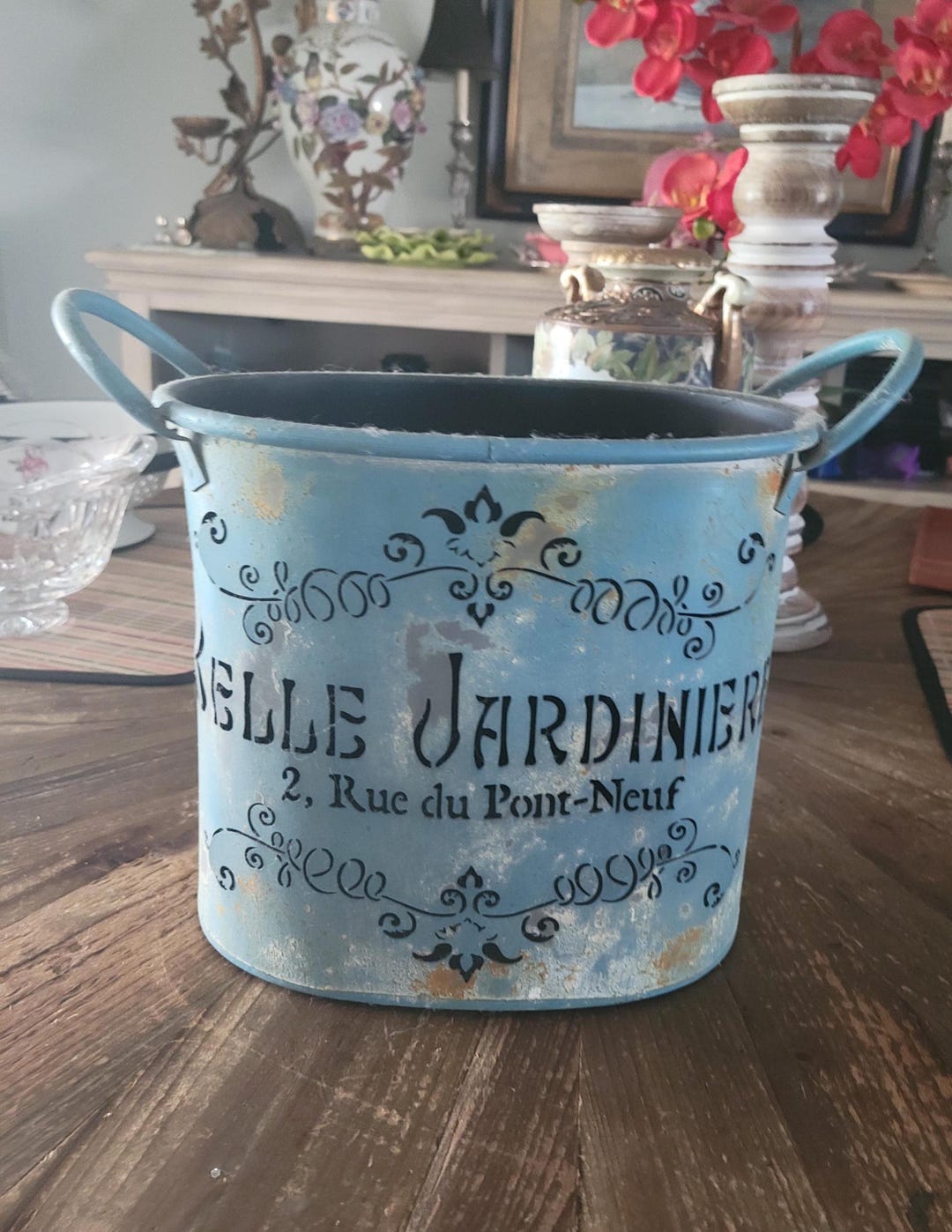 Bleu Belle Vintage French Tin Bin Turquoise Scrollwork, 9" X 8.5"decor ...
