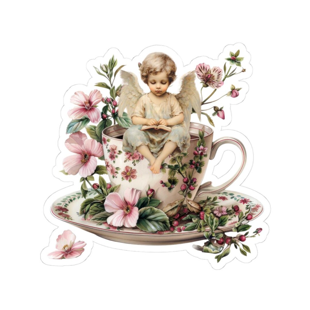 Vintage Cherub in Floral Teacup Kiss-cut Stickers | Pastel Floral Decal ...