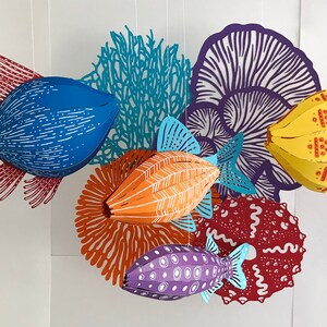 Fishes, Corals, Sea Life Hanging Decor, Papercraft Activity Kit, 3D Low ...