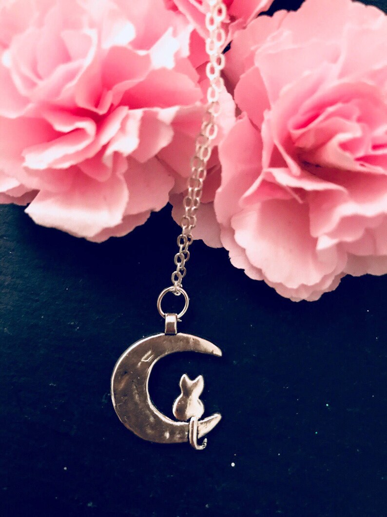 Cat Necklace Cat on Crescent Moon Necklace Cat Lovers Gift Cat - Etsy