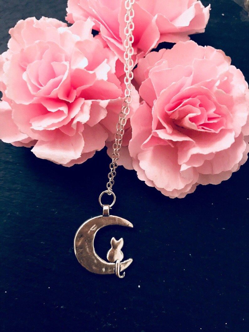 Cat Necklace Cat on Crescent Moon Necklace Cat Lovers Gift Cat - Etsy