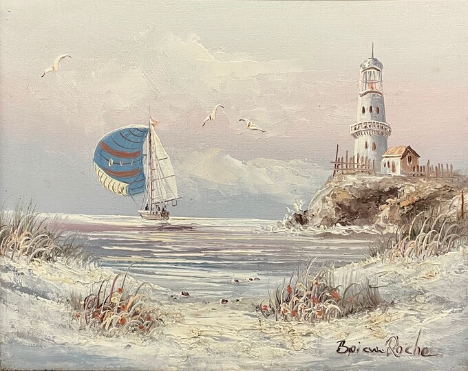 Lighthouse Original Oil Painting Signed by Brian Roche, Framed Vintage ...