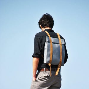 Men's Backpack Leather, Gray Canvas Rucksack, Canvas Minimalist ...