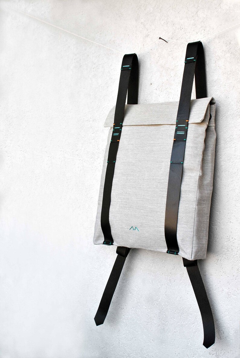 Men's Backpack Leather, Gray Canvas Rucksack, Canvas Minimalist ...