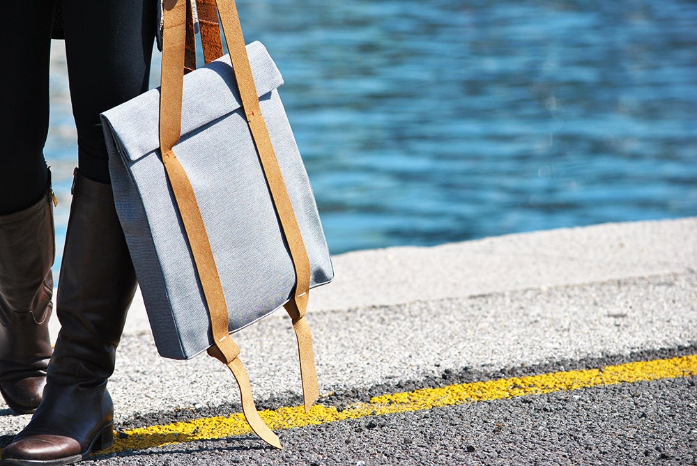 Men's Backpack Leather, Gray Canvas Rucksack, Canvas Minimalist ...