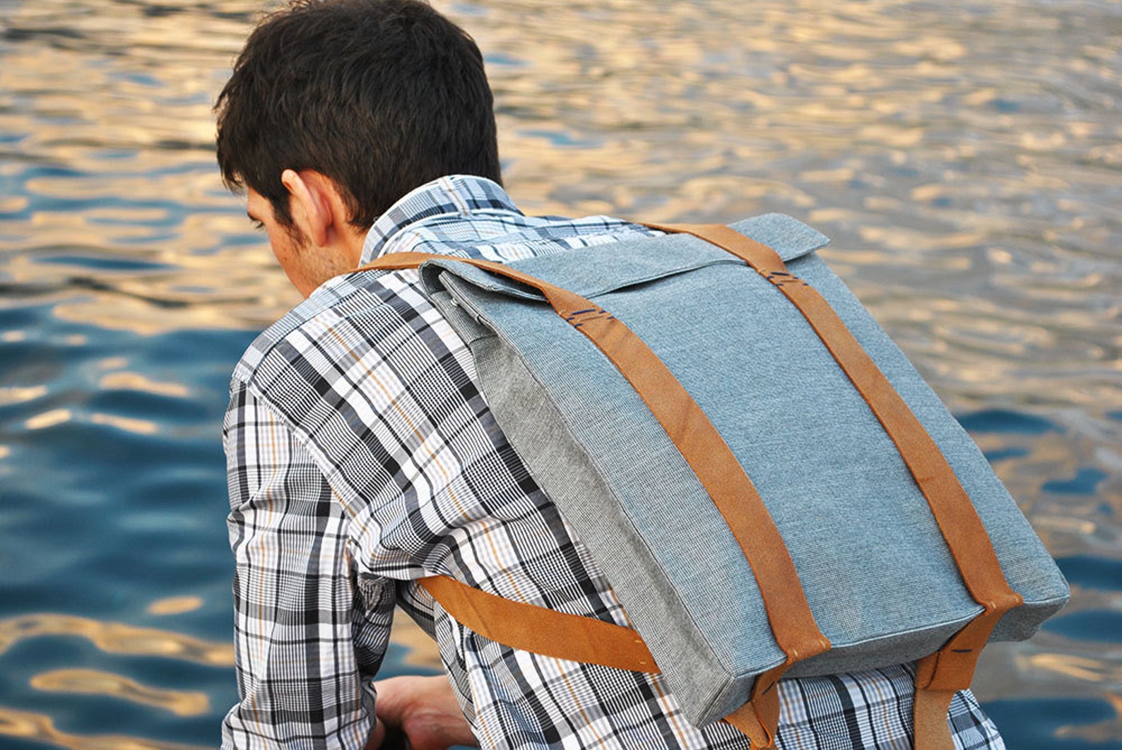 Men's Backpack Leather, Gray Canvas Rucksack, Canvas Minimalist ...