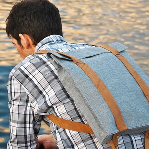 Men's Backpack Leather, Gray Canvas Rucksack, Canvas Minimalist ...
