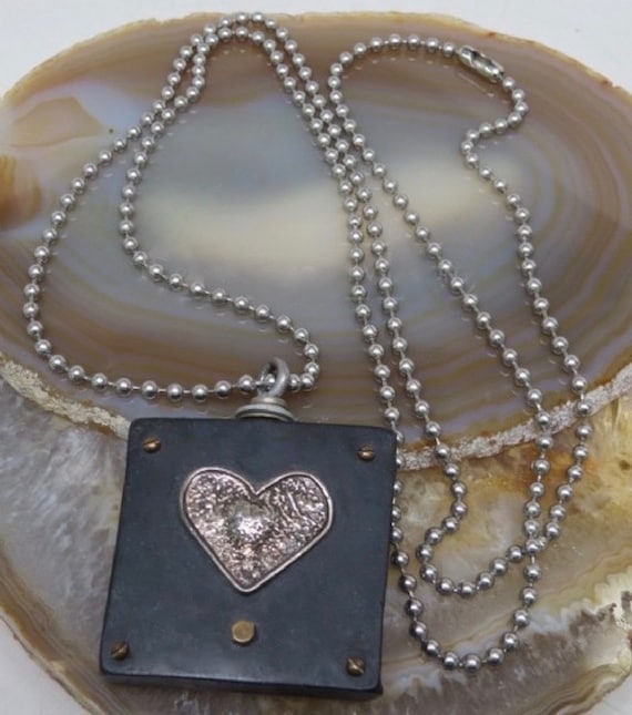 Industrial Techno Necklace, Silver Metal Heart On Thi… - Gem