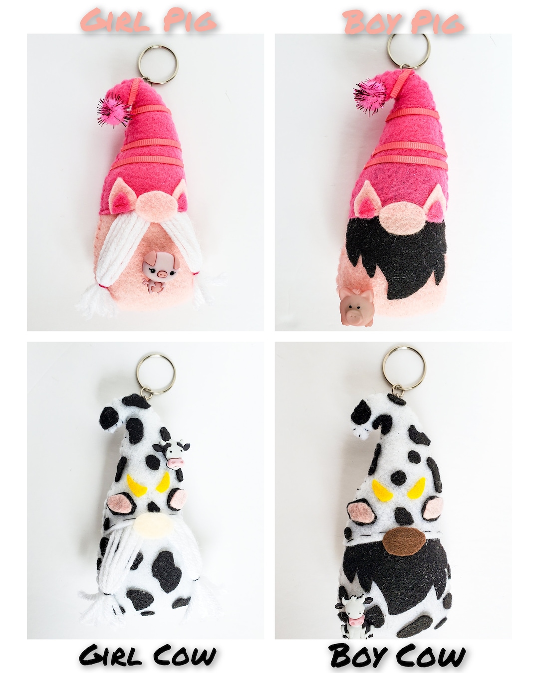 Animal Gnome Felt Keychains – Dog, Cat, Pig, Cow – Cute Animal Lover ...