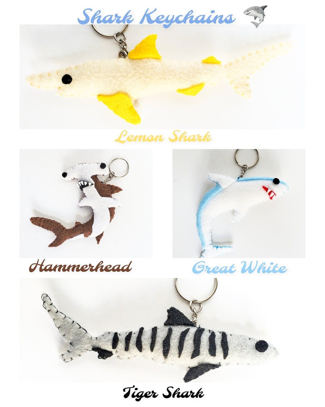 Shark Felt Keychains – Tiger Shark, Great White, Hammerhead & Lemon ...
