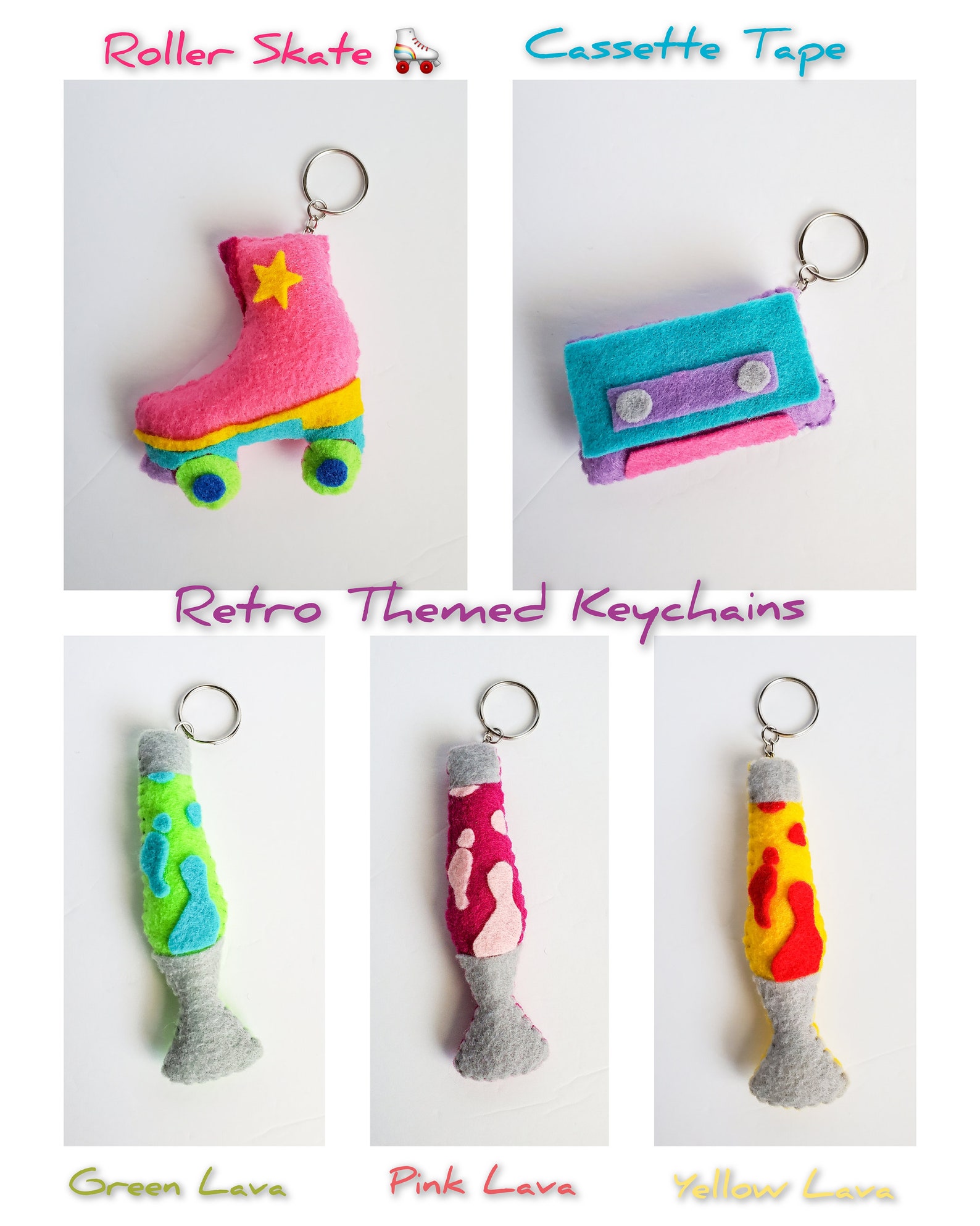 Retro Themed Felt Keychains – Roller Skate, Cassette Tape, Lava Lamp ...