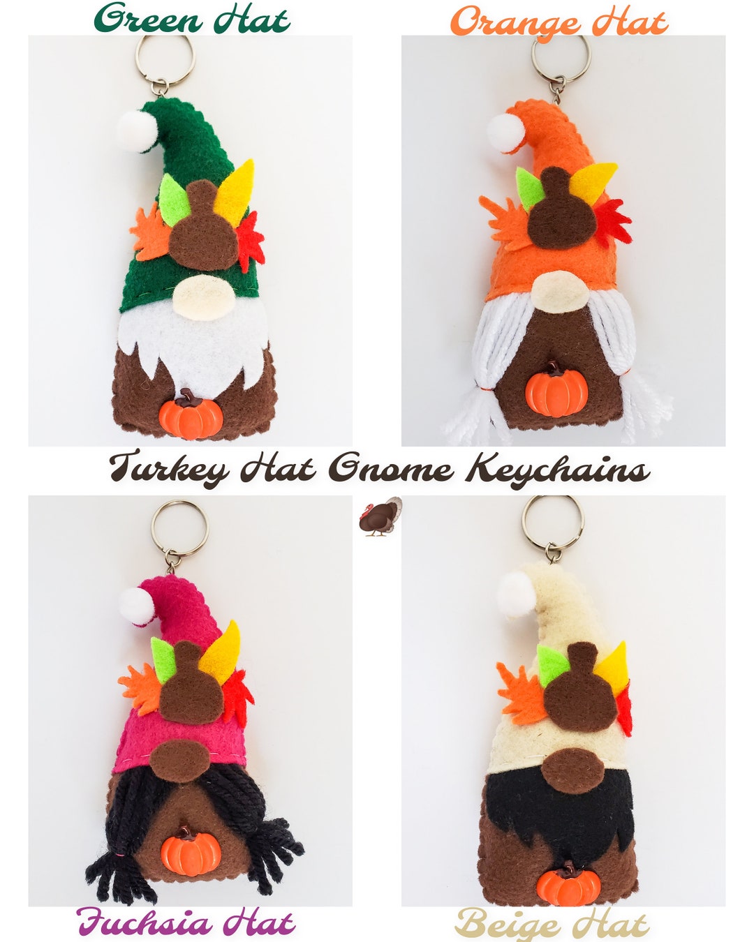 Turkey Hat Gnome Keychains in Green, Fuchsia, Beige, Orange - Etsy