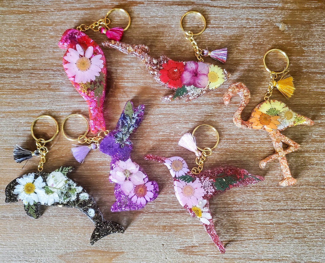 Floral Glitter Animal Resin Keychain - Animal Lover Gift Ideas - Etsy