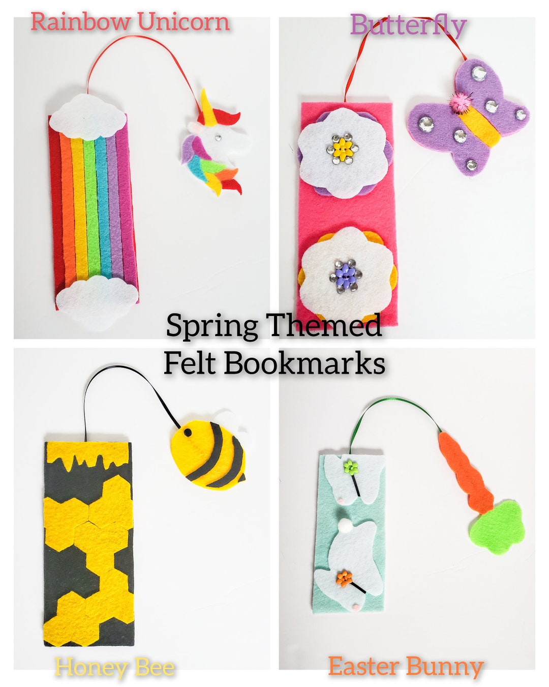 Spring Themed Felt Bookmarks Honey Bee Rainbow Unicorn Easter Bunny ...
