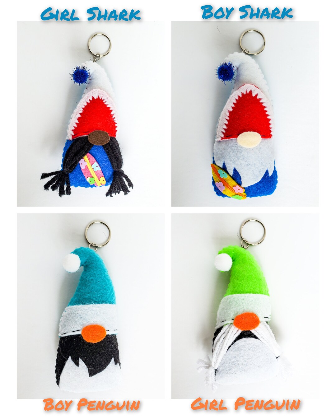 Animal Themed Gnome Felt Keychains – Giraffe, Tiger, Shark, Penguin ...