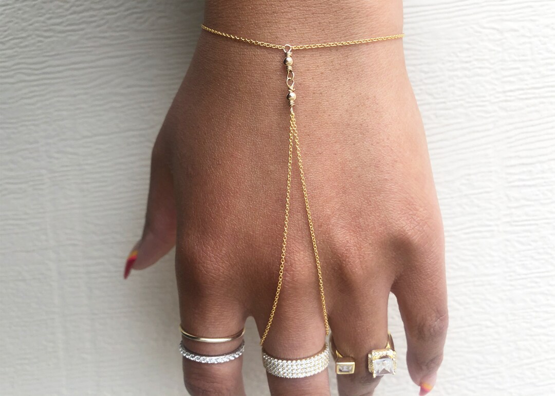 Gold Dainty Hand Chain, Bead Ring Bracelet, Finger Bracelet, Hand ...