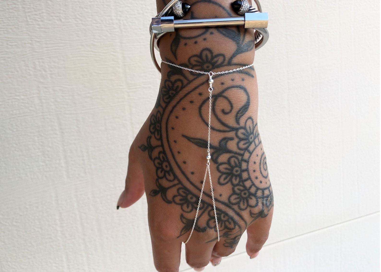 Sterling Silver Hand Chain Bracelet With Ring, Beaded Body Jewelry - Etsy