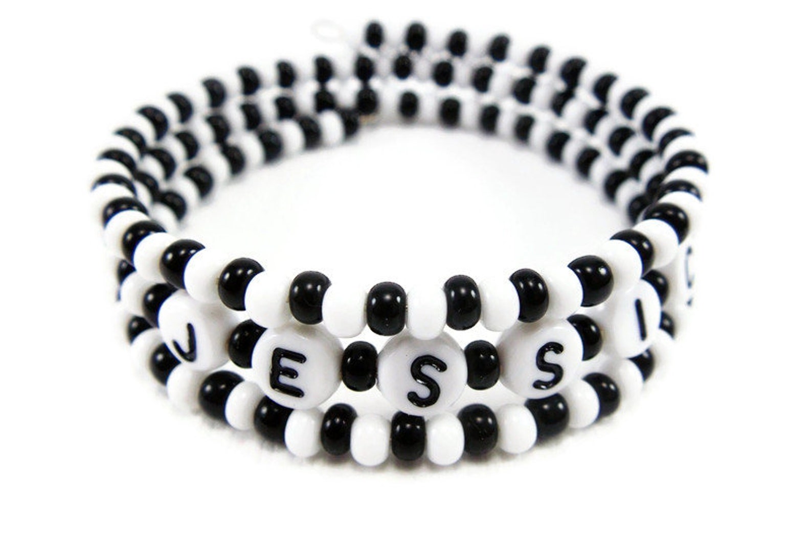 Black/ White Name Bracelet - Personalized Memory Wire Gift for Boys or ...