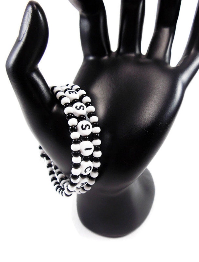 Black/ White Name Bracelet - Personalized Memory Wire Gift for Boys or ...