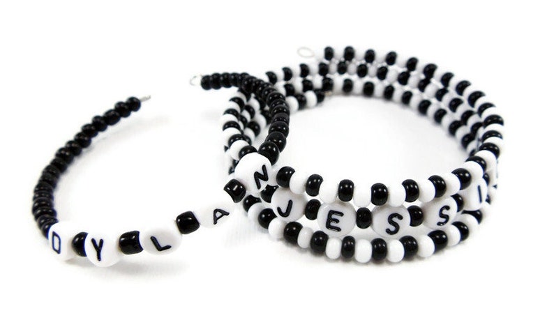 Black/ White Name Bracelet - Personalized Memory Wire Gift for Boys or ...