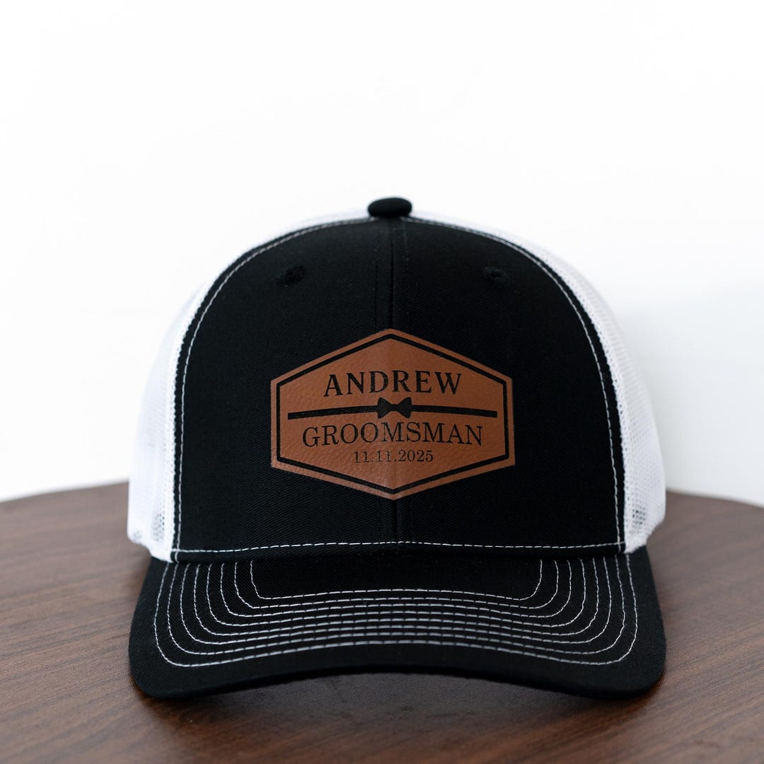 Groomsman Hat Personalized Leather Patch Hat Best Man Hat Black Trucker ...