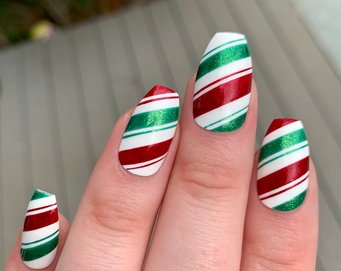 Fake Nails, Candy Cane Nails, Christmas Nails, Press on Nails ...