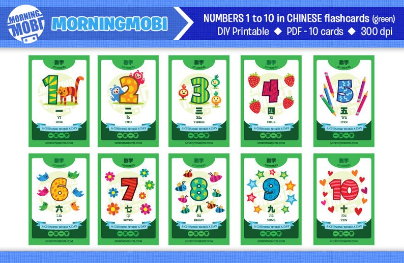 Chinese Numbers Flashcards 1 to 10 Green Version DIY Printable Instant ...