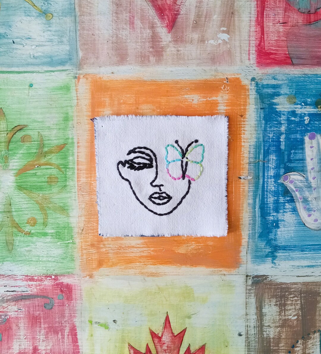 Female Face With Butterfly Patch ,embroidered Sew on Patch ,woman Line ...