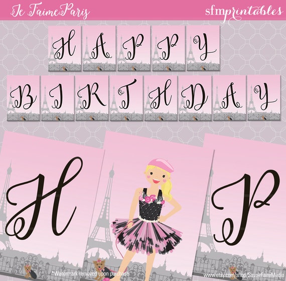 Paris Party Pennant Banner - Happy Birthday Parisian Invitation Theme ...