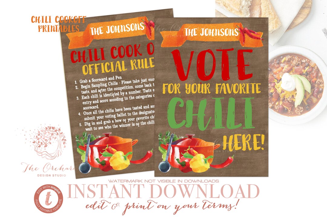 Chili Cook-off Signs / INSTANT EDITABLE DOWNLOAD / Chili - Etsy Chili Cook-off Signs / INSTANT EDITABLE DOWNLOAD / Chili - Etsy