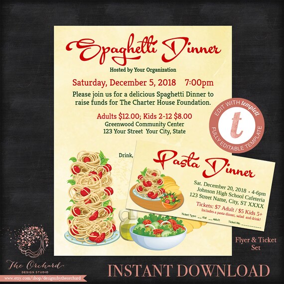 Spaghetti Dinner Flyer and Ticket INSTANT DOWNLOAD / Pasta Italian ...