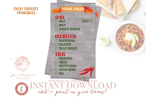 Chili Cook-off Voting Ballot Score Sheet / INSTANT EDITABLE DOWNLOAD ...