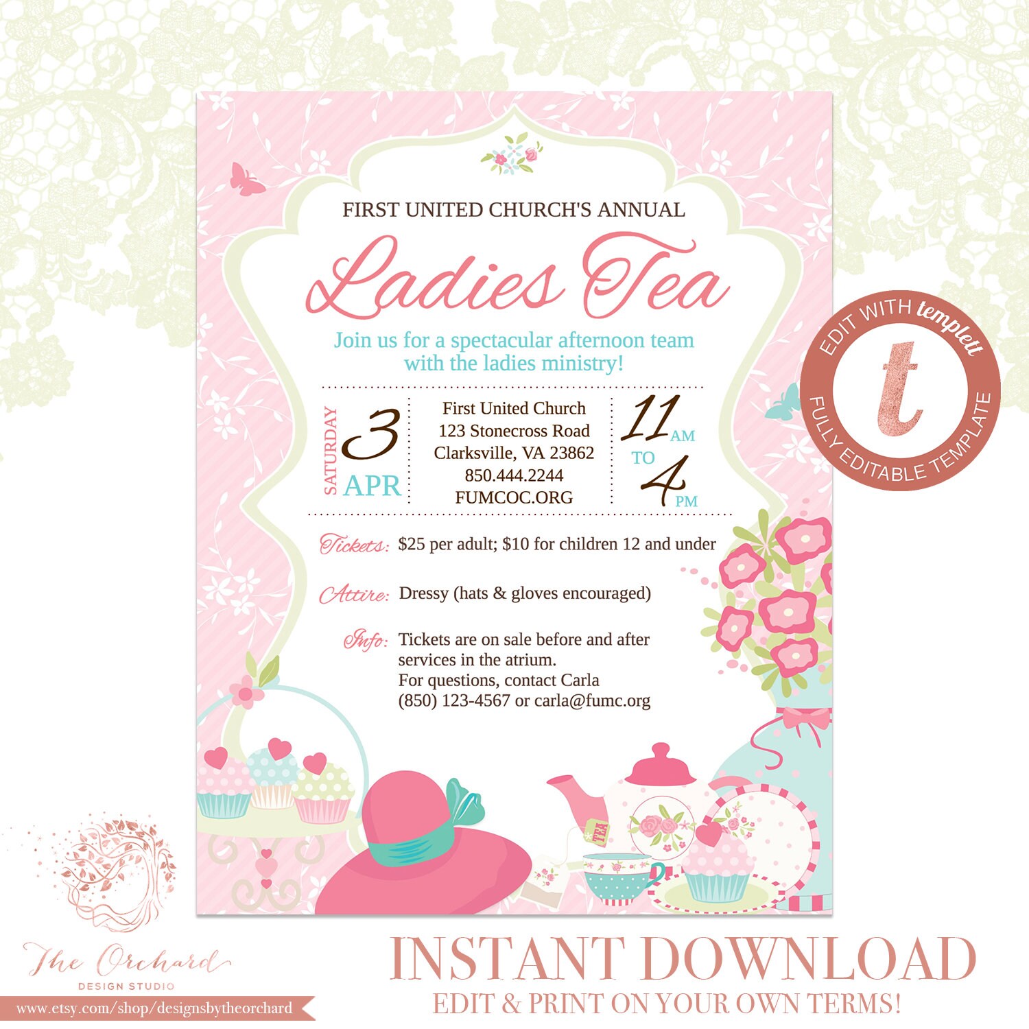 Paper & Party Supplies Printable Editable Floral Tea Party invitation ...