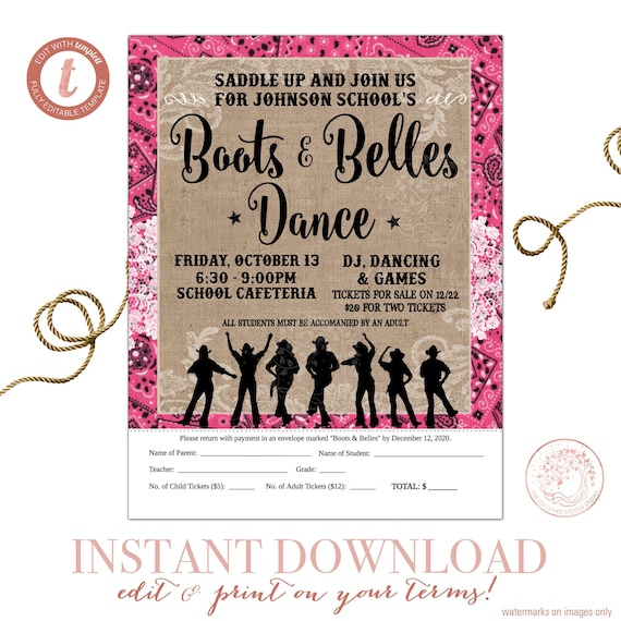 Editable Boots and Belles Western Dance Flyer Tear Off - School ...
