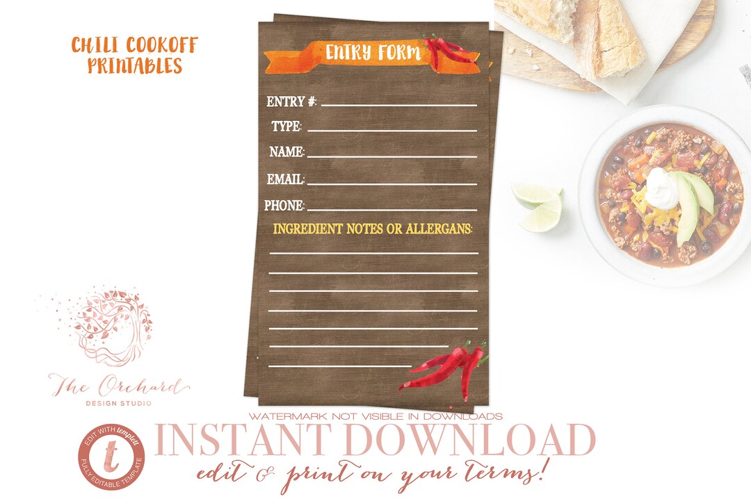 Chili Cook-off Entry Form Sign up / INSTANT EDITABLE DOWNLOAD - Etsy