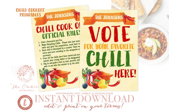 Chili Cook-off Signs / INSTANT EDITABLE DOWNLOAD / Chili Cookoff Fall ...