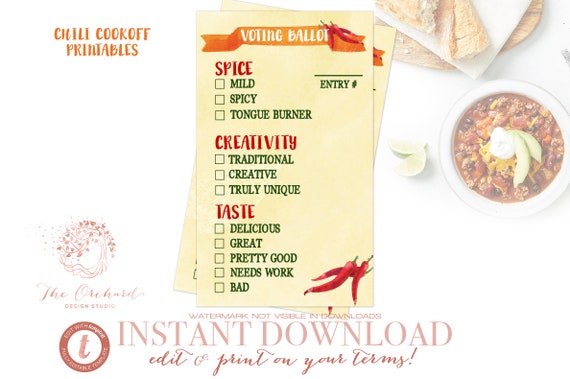 Chili Cook-off Voting Ballot Score Sheet / INSTANT EDITABLE DOWNLOAD ...