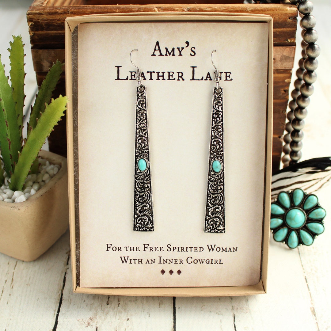 Long Western Bar Earrings-cowgirl Earrings-rodeo Earrings-tooled Metal ...